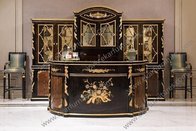 French Vitrine Carved Front Oval China Cabinet With Drawer Black Gold Lacquer TP-029