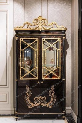 French Vitrine Carved Front Oval China Cabinet With Drawer Black Gold Lacquer TP-029