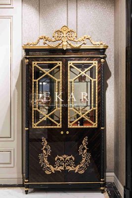 Living Room Antique Wood Furniture Glass Cabinet 2 Doors Golden Color TP-025B