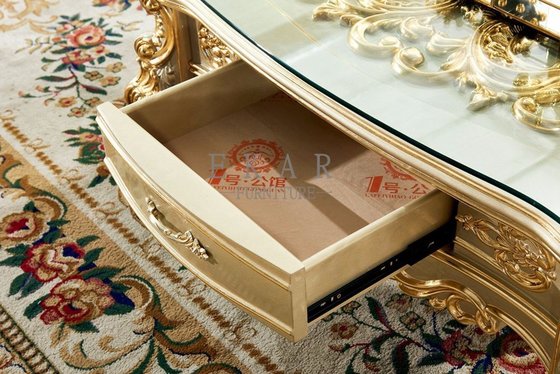 Wooden Gold Carved Luxury Glass Coffee Table