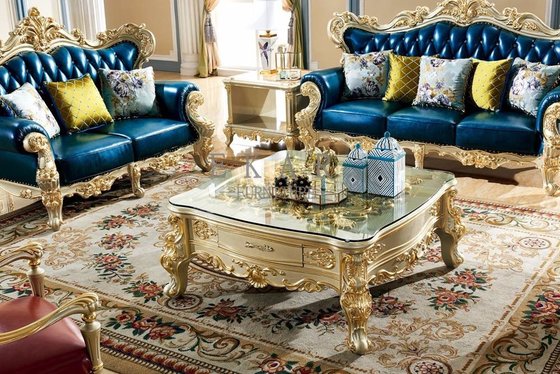 Wooden Gold Carved Luxury Glass Coffee Table