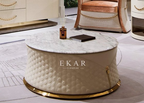 Black And White Leather Marble Top Round Coffee Table W002H2