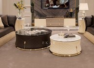 Black And White Leather Marble Top Round Coffee Table W002H2