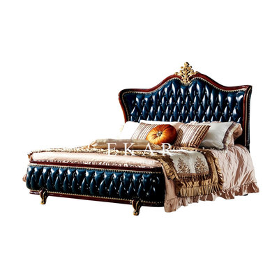 Antique Wooden Design Upholstered Leather Chesterfield Headboard King Size Bed