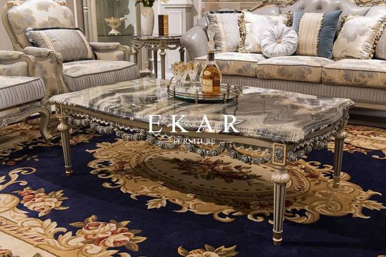 Marble Top Solid Wood Coffee Table Design Hand Carved Rose Table