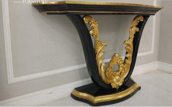 High Gloss Antique Style Black Entry Golden Wood Carved Console Table