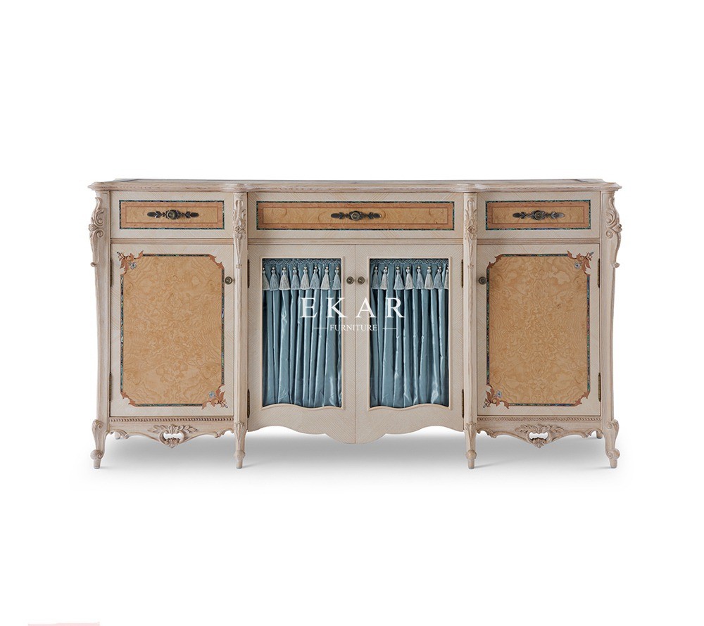 Classic Ash Wooden Antique Sideboard Cabinet With Fancy Shell Decoration